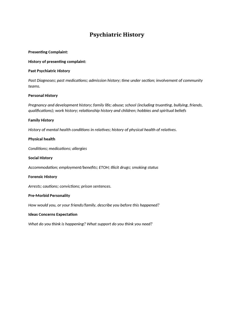 Psychiatric History and MSE Proforma 2022 | PDF