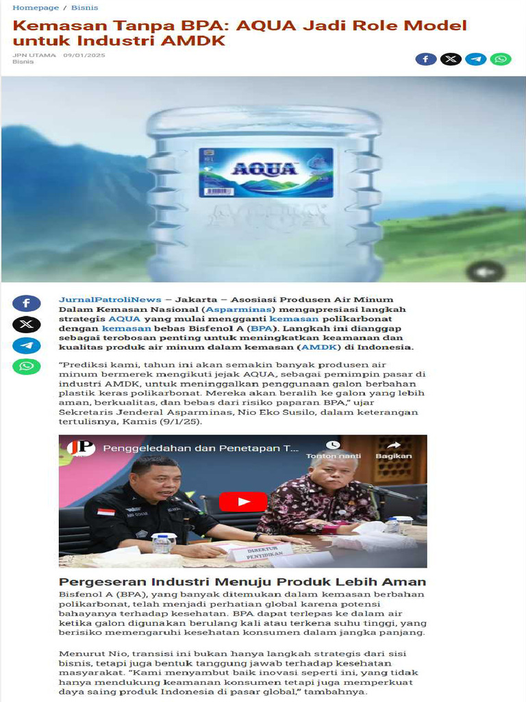 Kemasan Tanpa BPA AQUA Jadi Role Model Untuk Industri AMDK ...