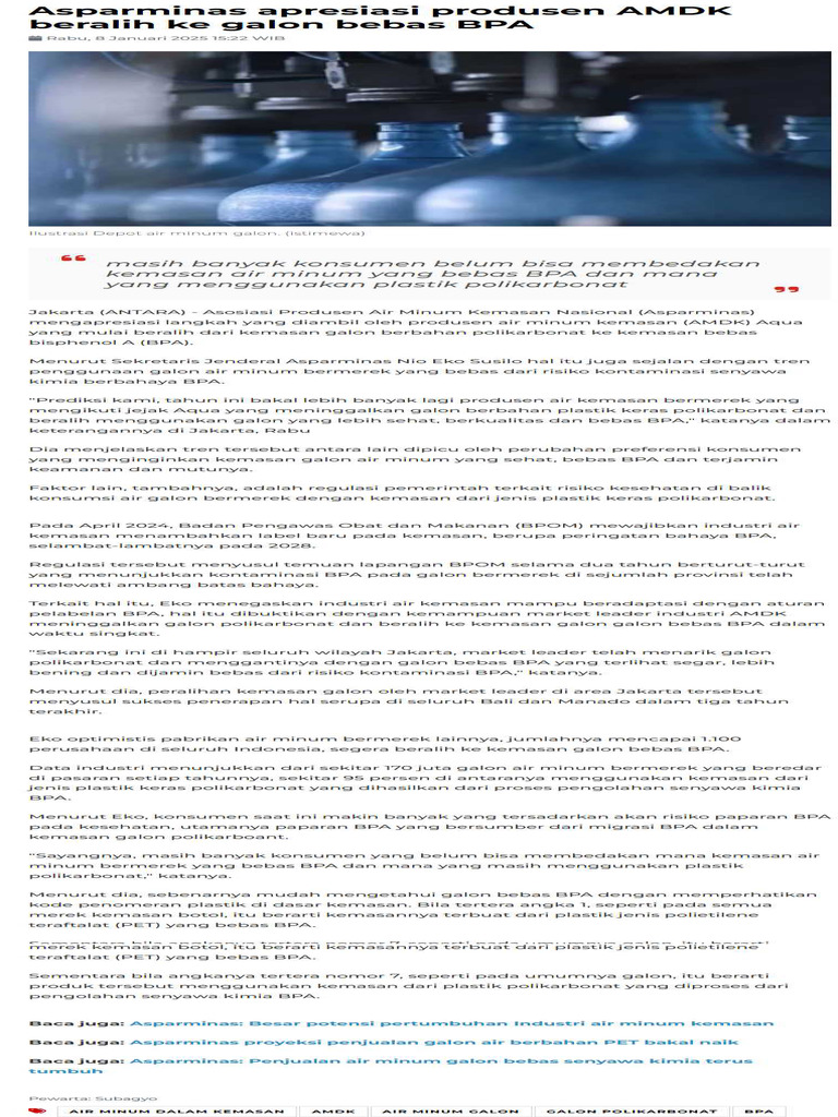 Asparminas Apresiasi Produsen AMDK Beralih Ke Galon Bebas BPA ...