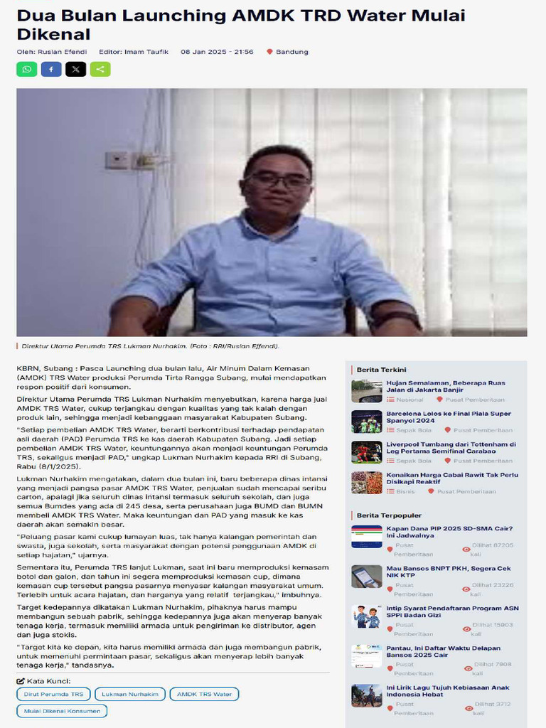 Dua Bulan Launching AMDK TRD Water Mulai Dikenal - Rri - Co.id - Ruslan Efendi - 20250108 | PDF