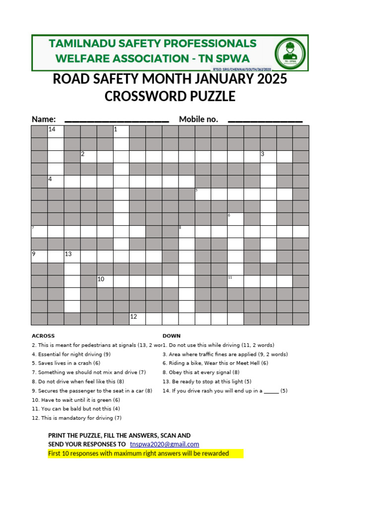 Road Safety Month Crossword Puzzle Jan 2025 | PDF