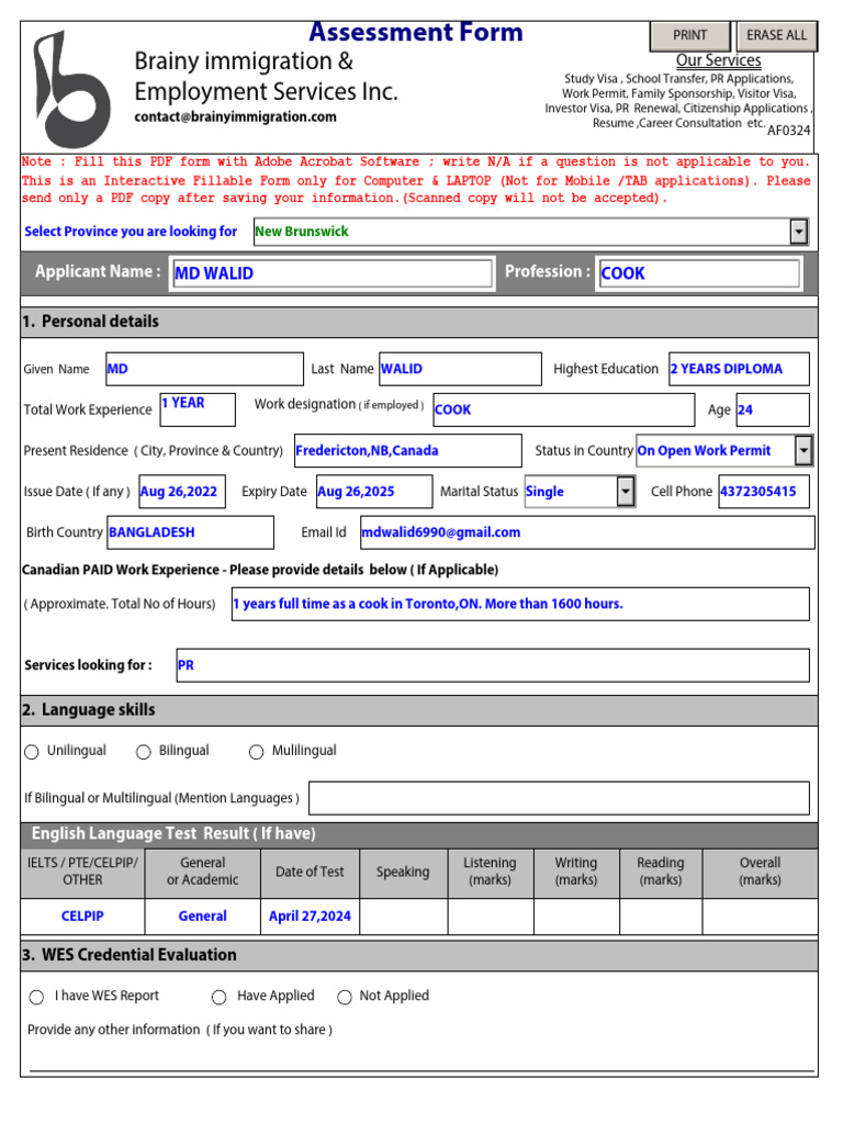 MD WALID ASSESSMENT FORM 2024 (1) | PDF | International English ...