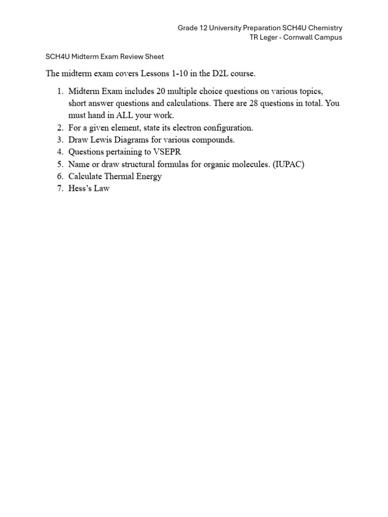 Grade 12 Chemistry Midterm Review Guide | PDF