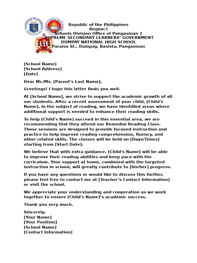 LETTER FOR Remedial Reading | PDF | Reading Comprehension | Cognition