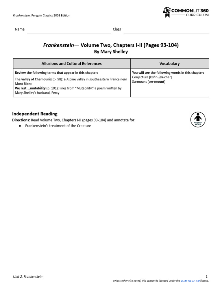 12G Unit 2 Frankenstein Volume Two, Chapters I-II During-Reading ...