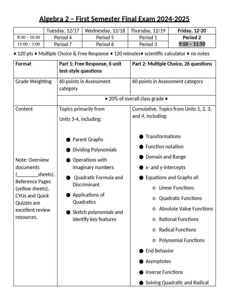Algebra 2 - First Semester Final Exam 2024-2025 | PDF | Quadratic ...