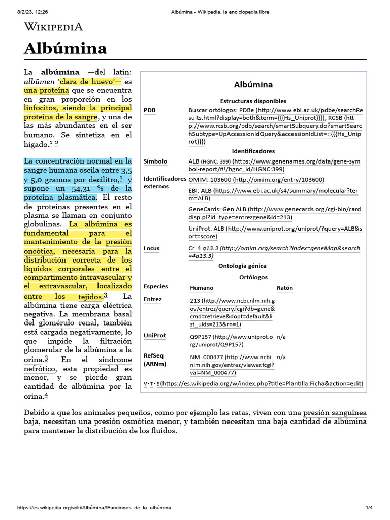 Albúmina - Wikipedia, La Enciclopedia Libre | PDF