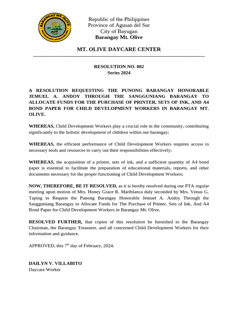 Reso-01-2024 Daycare. BCPC | PDF