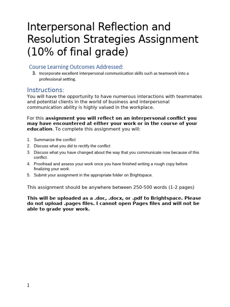 COMM1034 Interpersonal Reflection Assignment Instructions AGagne | PDF ...