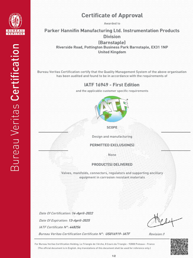 Parker IPDE IATF 16949 - Certificate | PDF