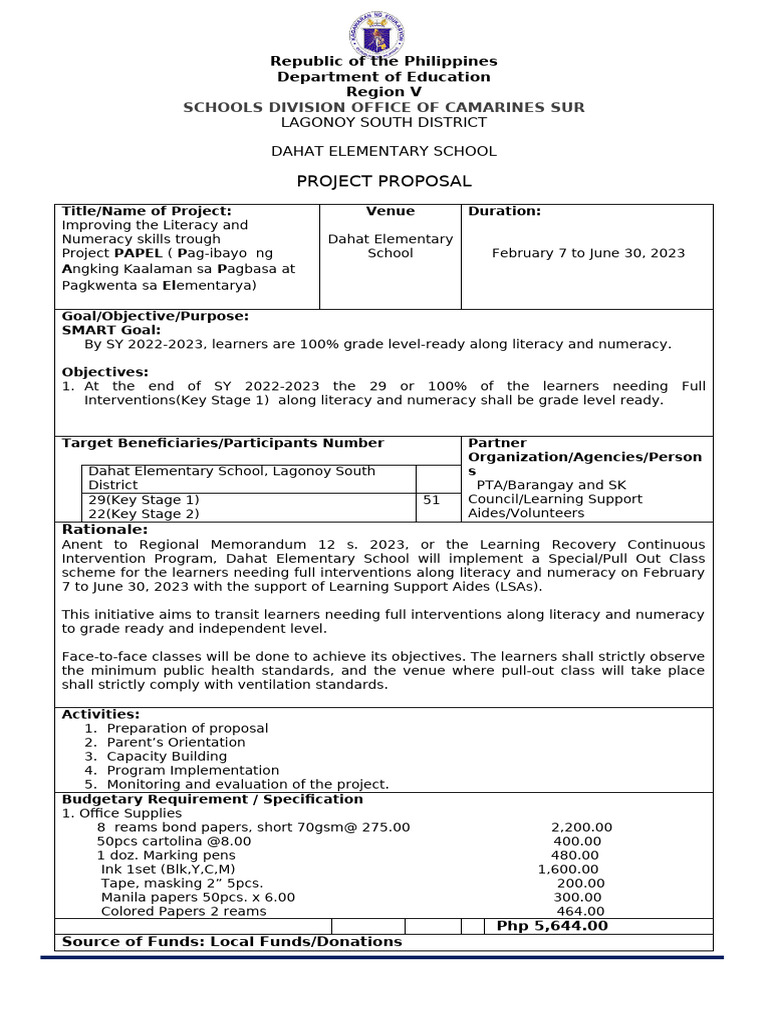 Project Proposal Pull Out | PDF | Literacy | Behavior Modification