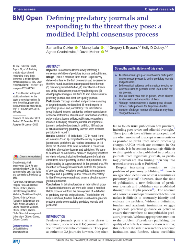 Defining predatory journals and responding to the threat they pose - a modified Delphi consensus ...