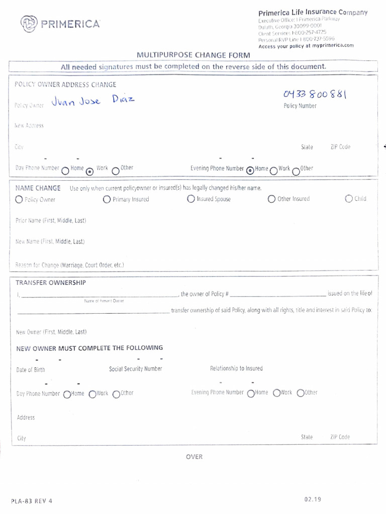 Diaz Juan Jose, Policy #33800881, Multipurpose Change Form and Letter ...