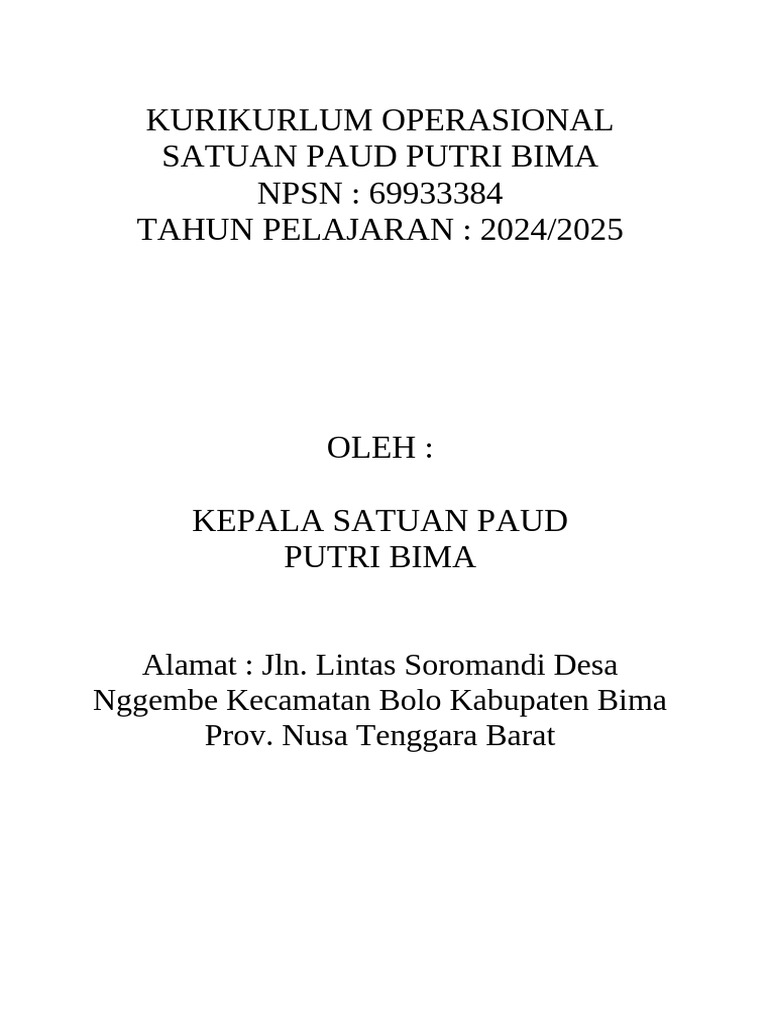 Kurikulum Paud Putri Bima | PDF