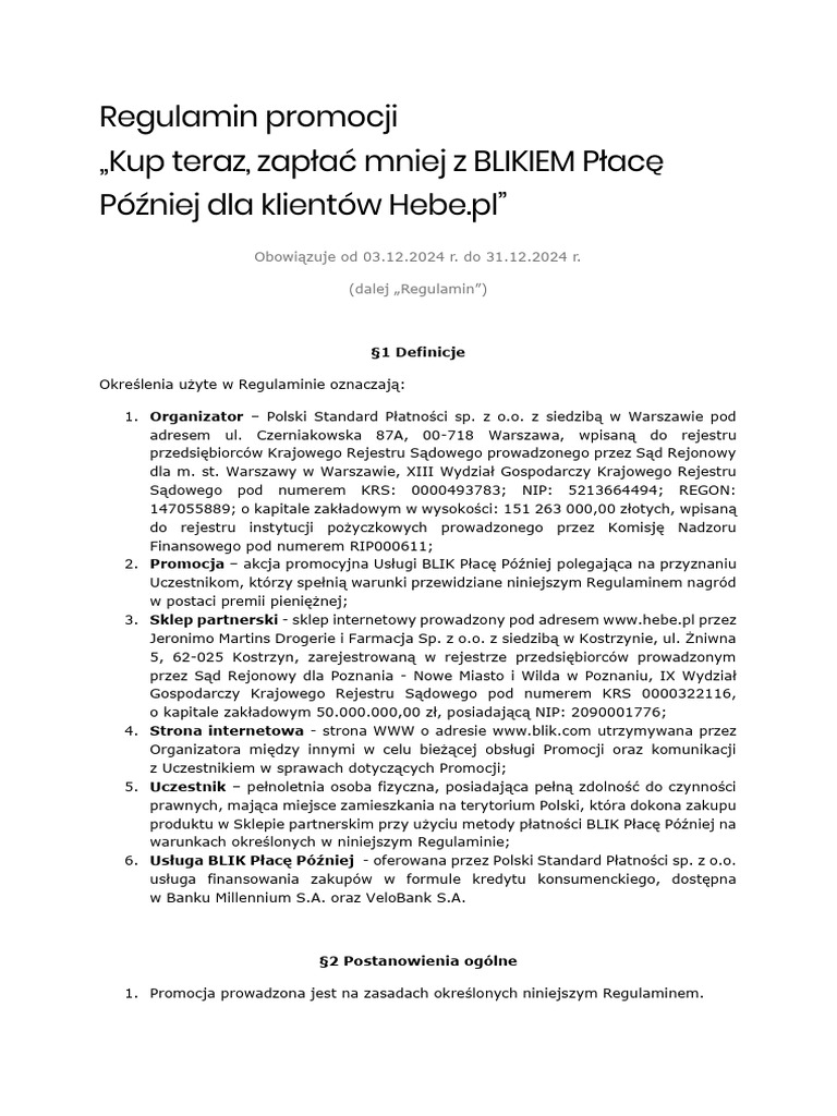 Regulamin Promocji BLIK Płacę Później Dla Klientów Hebe Final | PDF