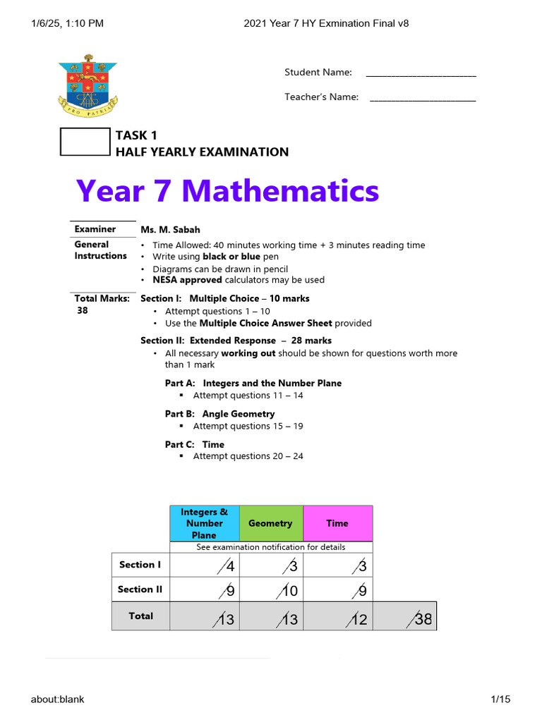 Y7-PP Math Exam Half Year 2021 | PDF | Geometry | Cartesian Coordinate ...
