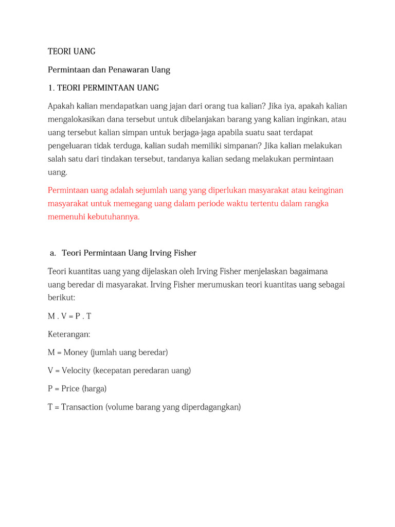 Teori Uang, Indeks Harga, Inflasi | PDF