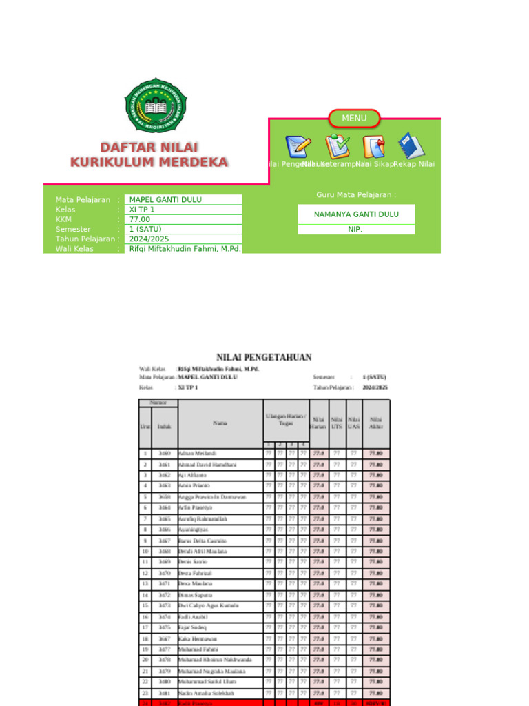 Nilai Kelas Xi TP 1 Kur Merdeka 2024-2025 | PDF