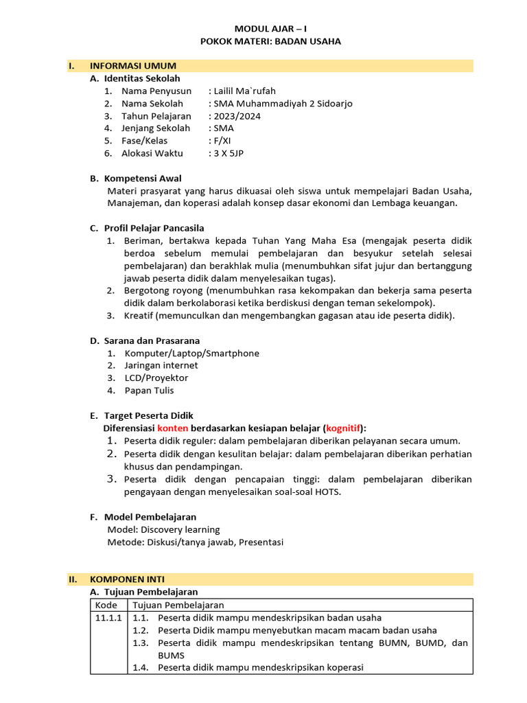 Modul Ajar XI BADAN USAHA | PDF