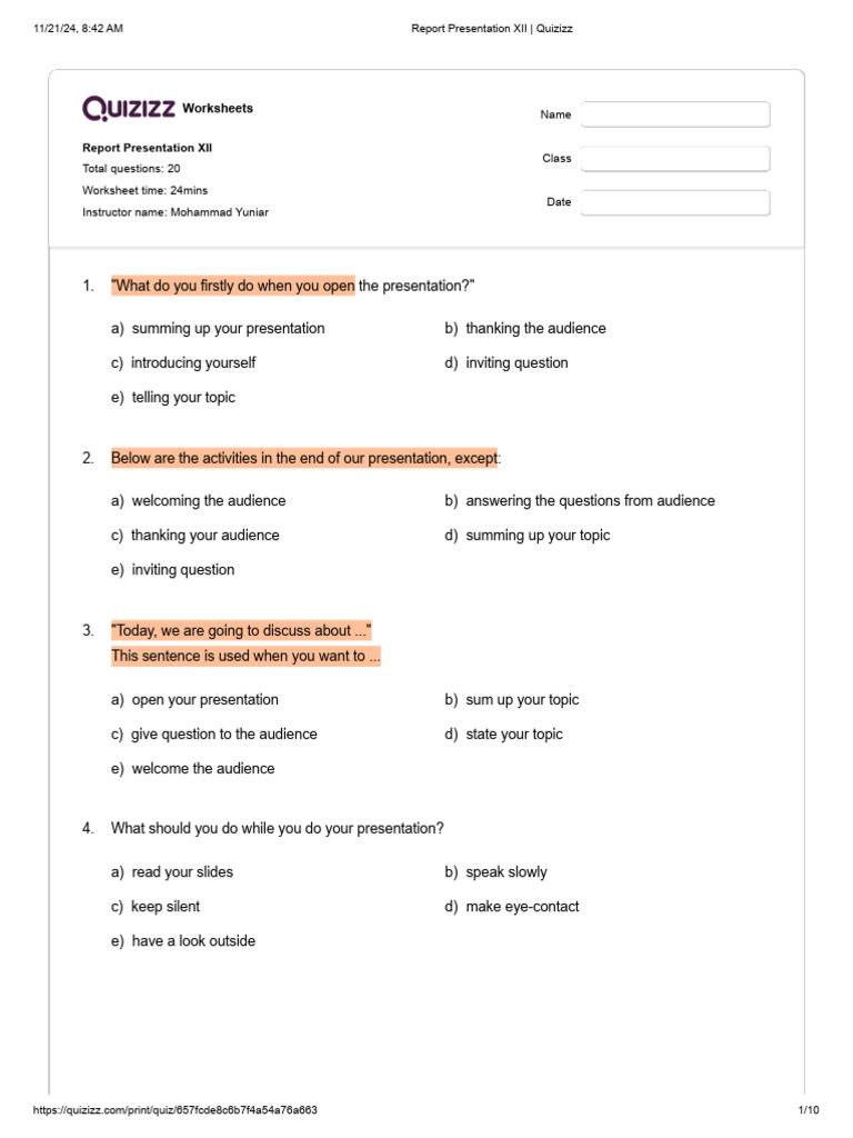 Report Presentation XII Quizizz+answer | PDF | Glasses | Calculator