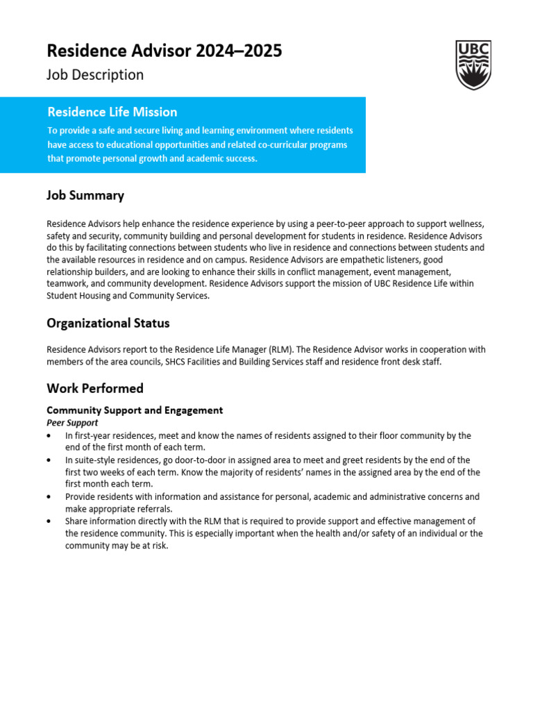 Residence Advisor Job Description 2024 25 | PDF | Confidentiality ...