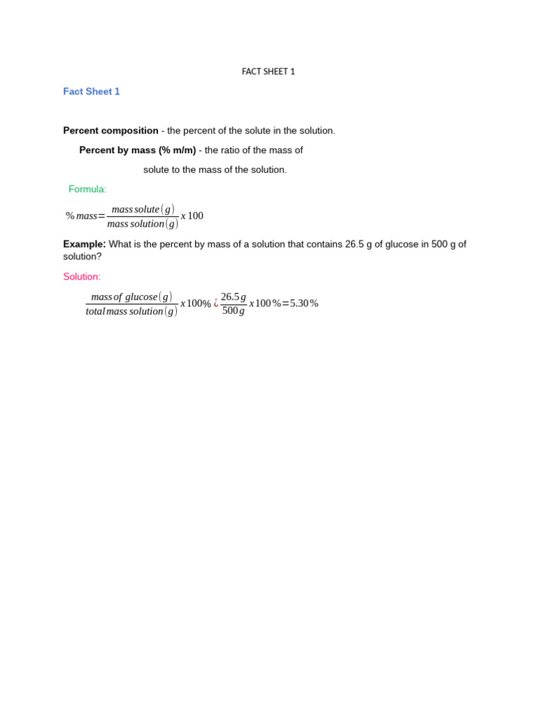 Fact Sheet 1 Solutions | PDF | Mole (Unit) | Concentration