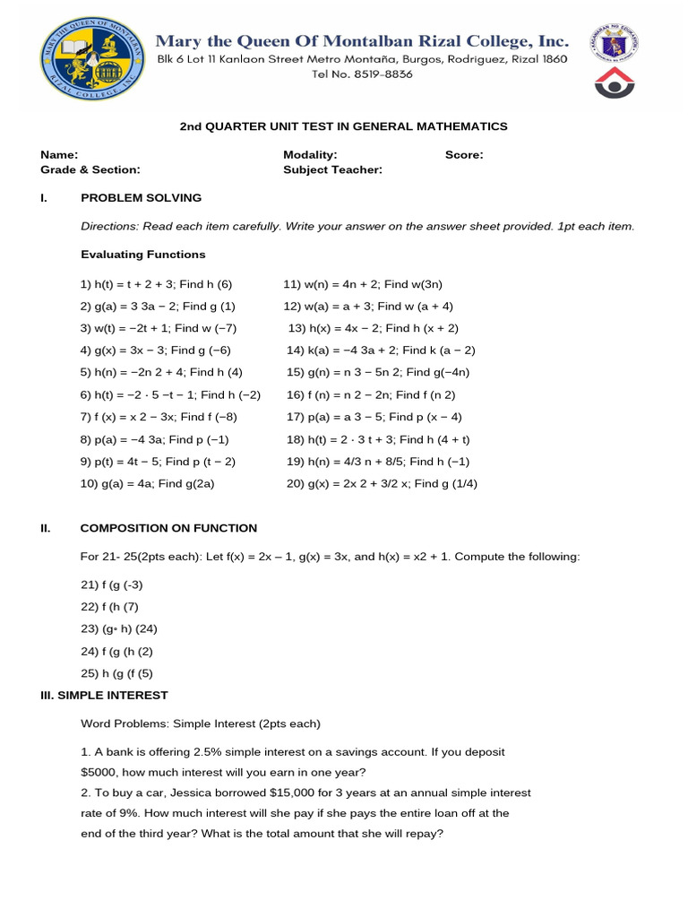 Unit-test-General-Mathematics Quarter 2 | PDF | Interest | Financial ...