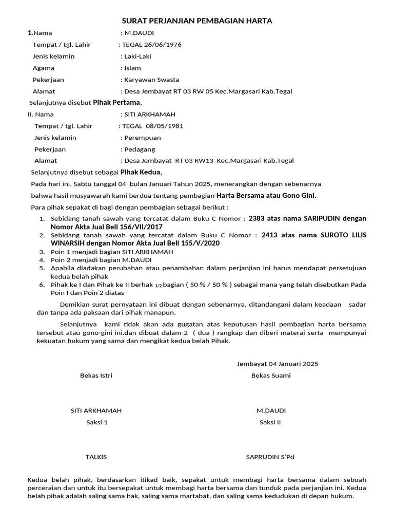 SURAT_PERJANJIAN_PEMBAGIAN_HARTA[1] | PDF