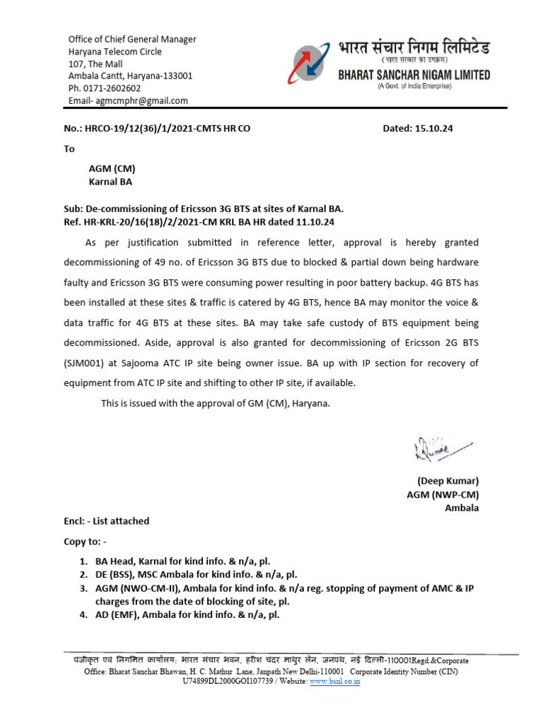 3G Eric BTS Decomm-Karnal BA | PDF