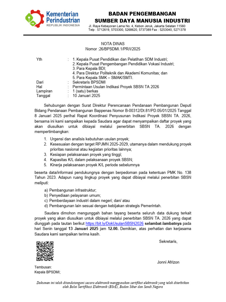 26.BPSDMI.1.PR ND Permintaan Usulan Indikasi SBSN TA 2026 | PDF