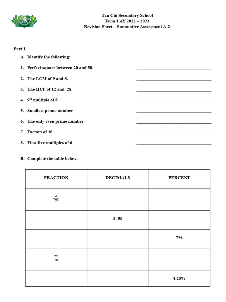 [Template] Revision Sheet - Summative Assessment A-2 | PDF | Arithmetic | Mathematics