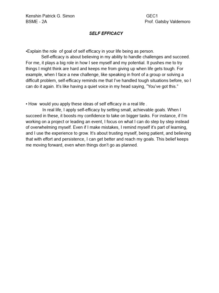 The Importance of Self-Efficacy in Life | PDF