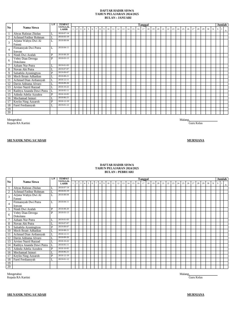 Daftar Hadir Siswa 2024/2025 | PDF
