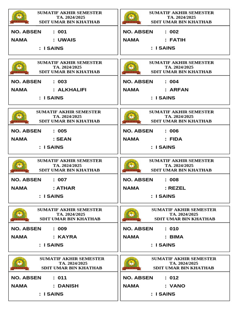 Kartu Sas Kelas 1 Sains - Ta 2024-2025 | PDF