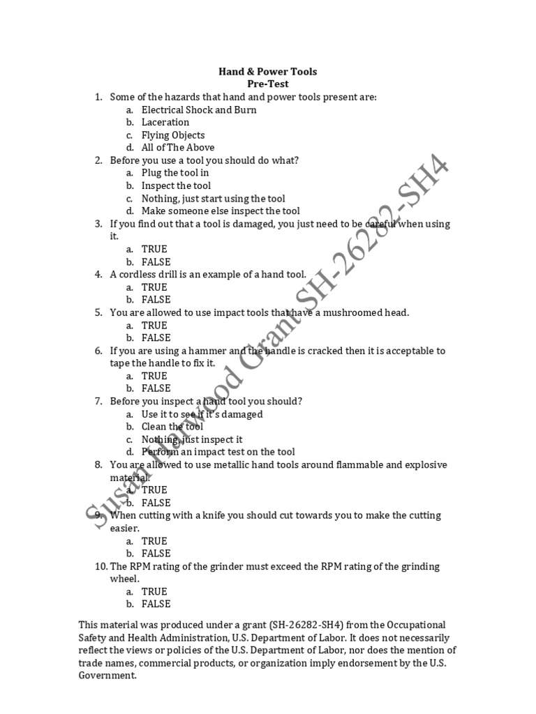 Fy14 - SH 27638 sh4 - Hand and Power Tools Pre Test | PDF | Tools ...