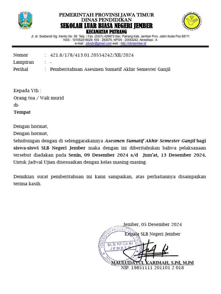 PEMBERITAHUAN ASESMEN SUMATIF AKHIR SEMESTER GANJIL | PDF