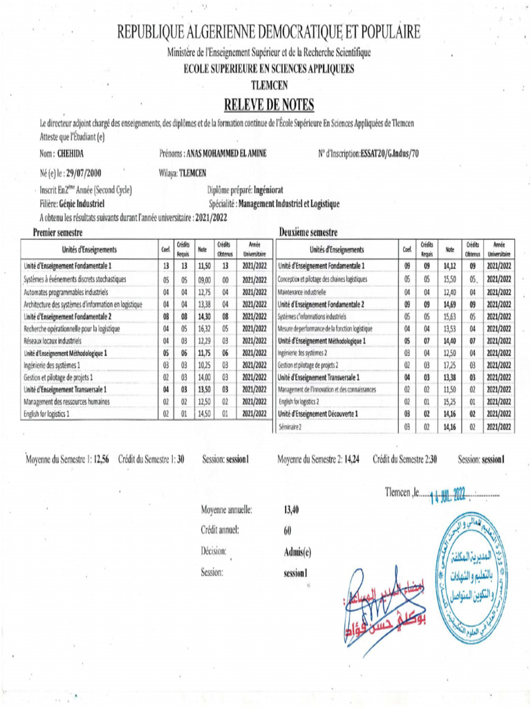 Relevé de Note 4eme Année 2022_compressed_rotated | PDF
