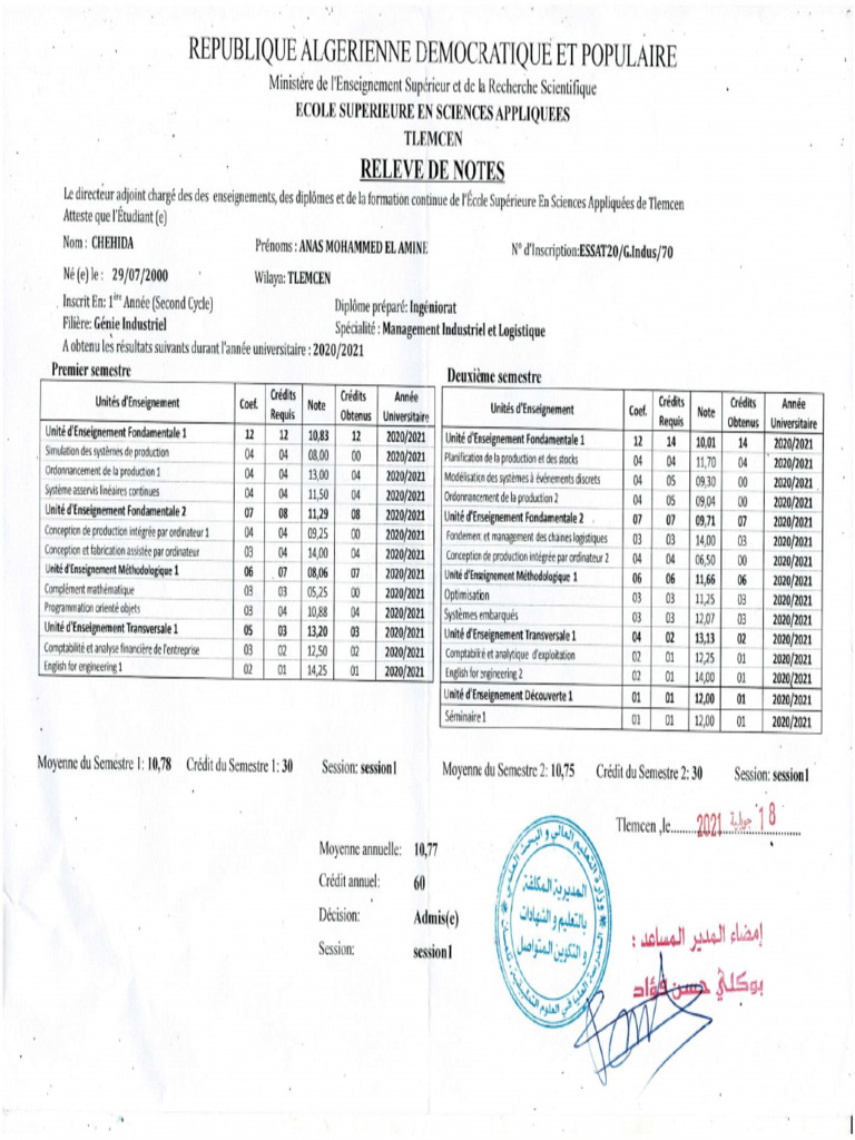 Relevé de Note 3eme Année 2021 - Compressed - Rotated | PDF