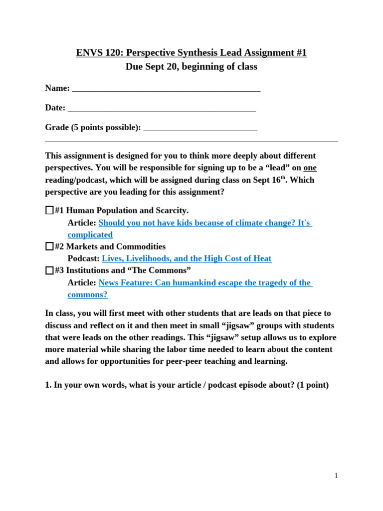 ENVS 120 Lead Assignment Overview | PDF