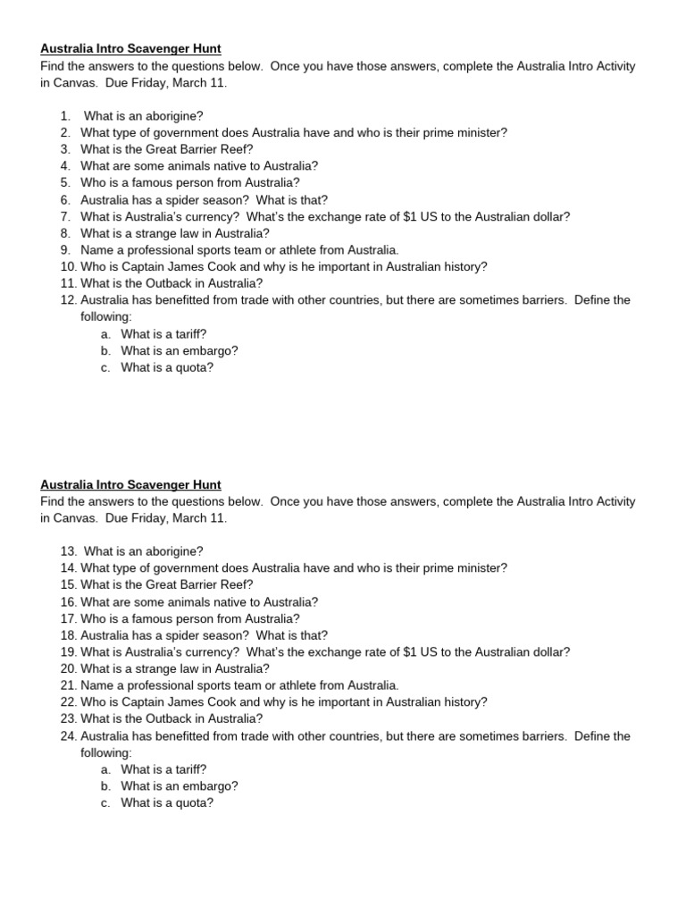 Australia Intro Scavenger Hunt | PDF