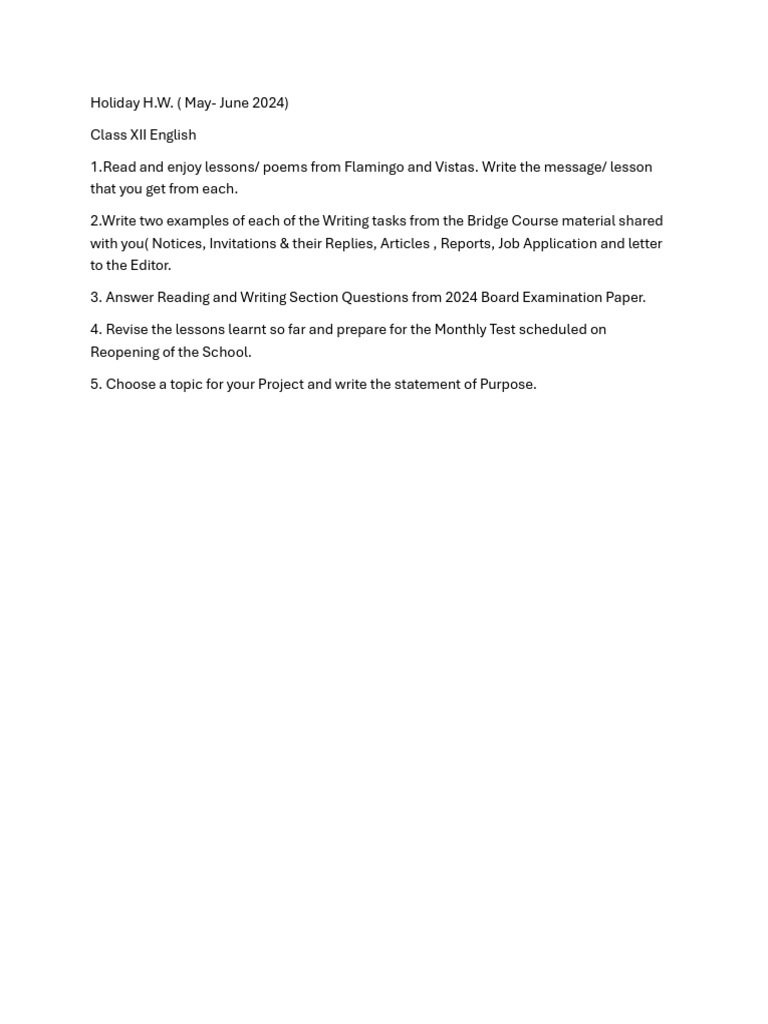 Holiday HW XII English | PDF