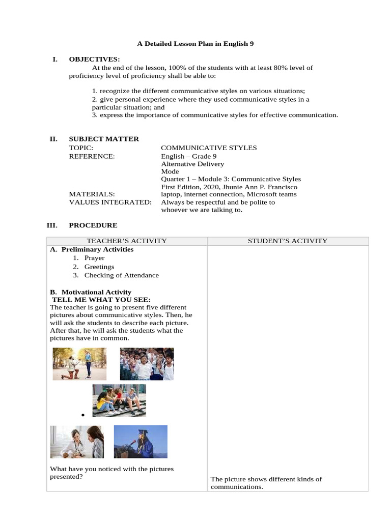 Lesson Plan on Communicative Styles | PDF | Communication | Conversation