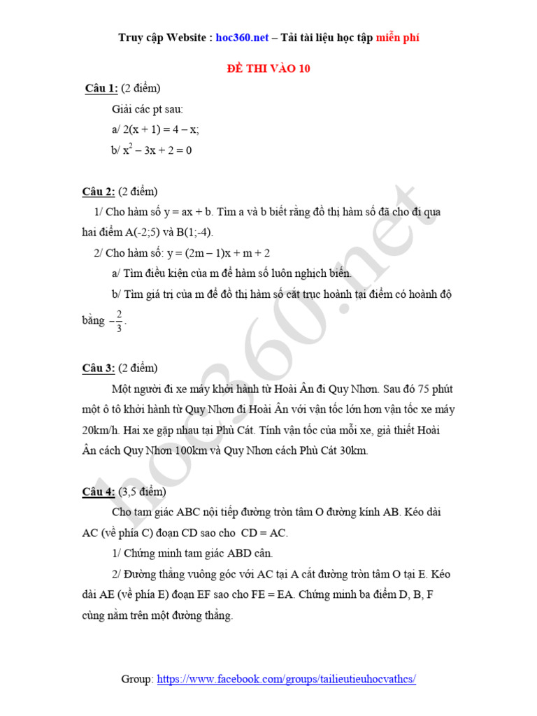 De Thi Vao Lop 10 Mon Toan2 | PDF