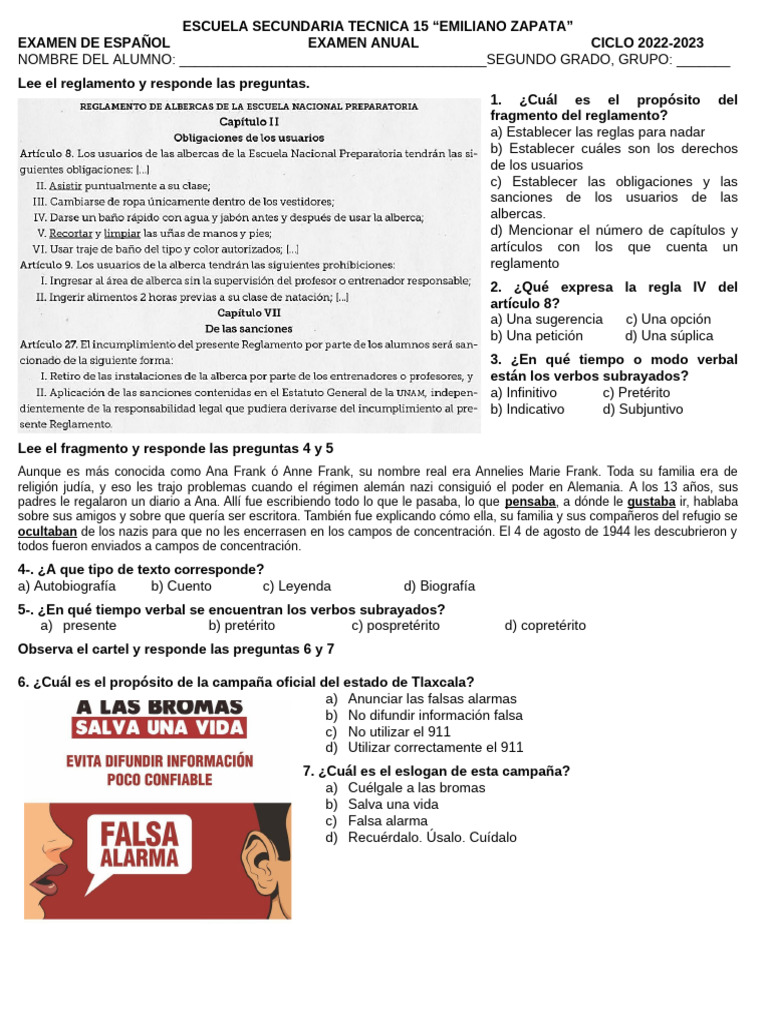 Examen de Fin de Ciclo Escolar - Segundo - 2023 | PDF | Anne Frank | Verbo