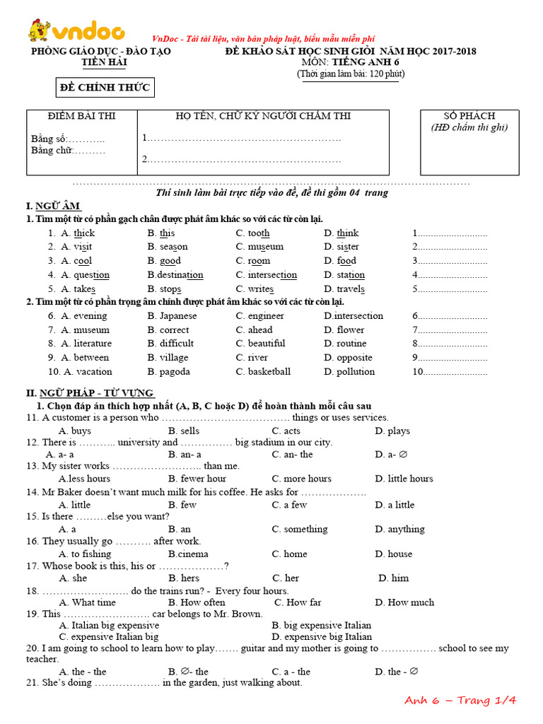 De Thi Chon Hoc Sinh Gioi Lop 6 Mon Tieng Anh Phong GD DT Tien Hai Thai Binh Nam Hoc 2017 2018 ...