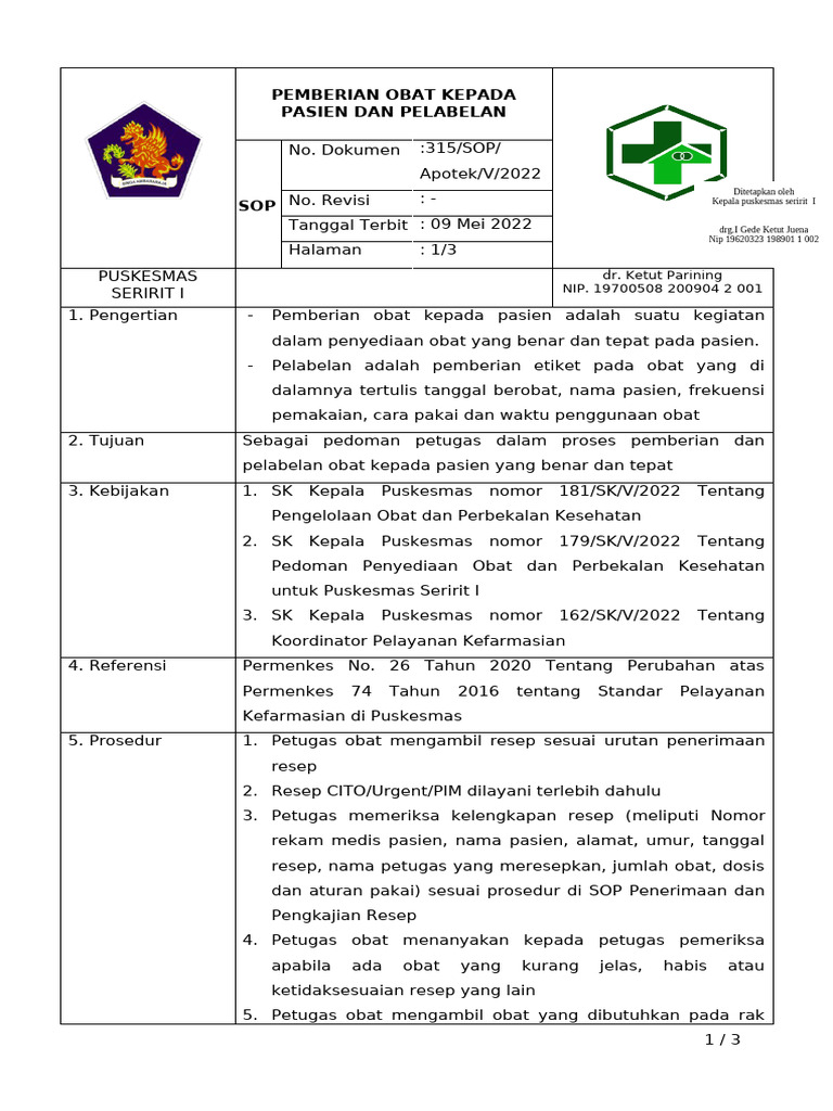 3. SOP PEMBERIAN OBAT KEPADA PASIEN DAN PELABELAN | PDF