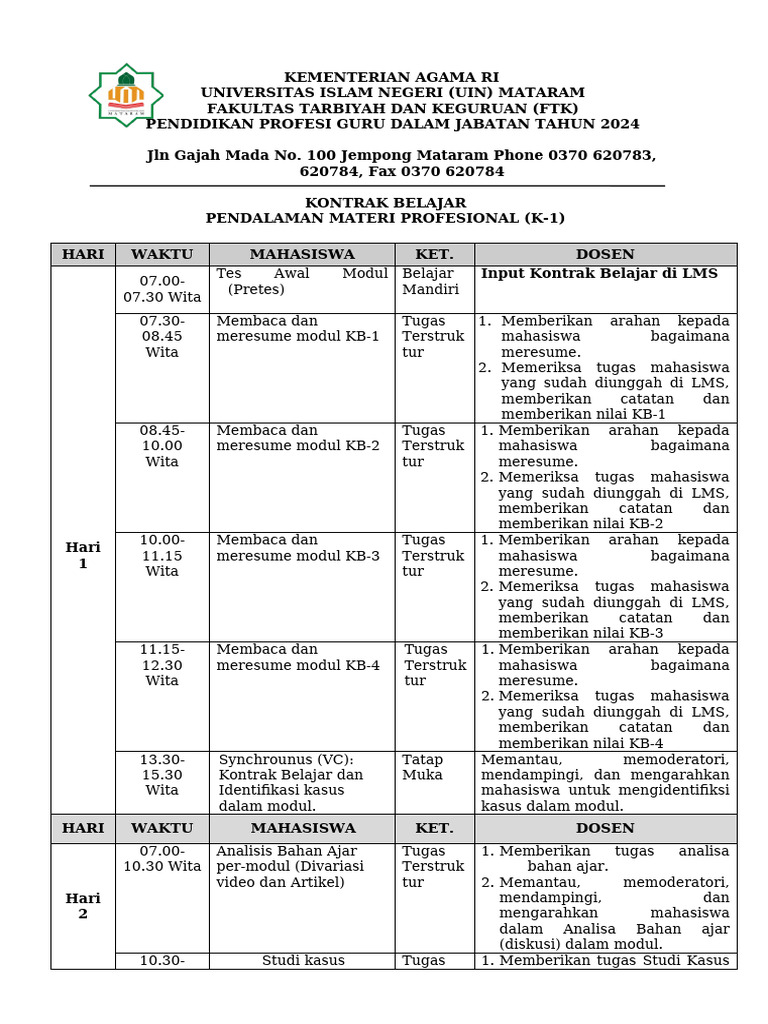 Kontrak Belajar MAN Profesional K1-24 | PDF