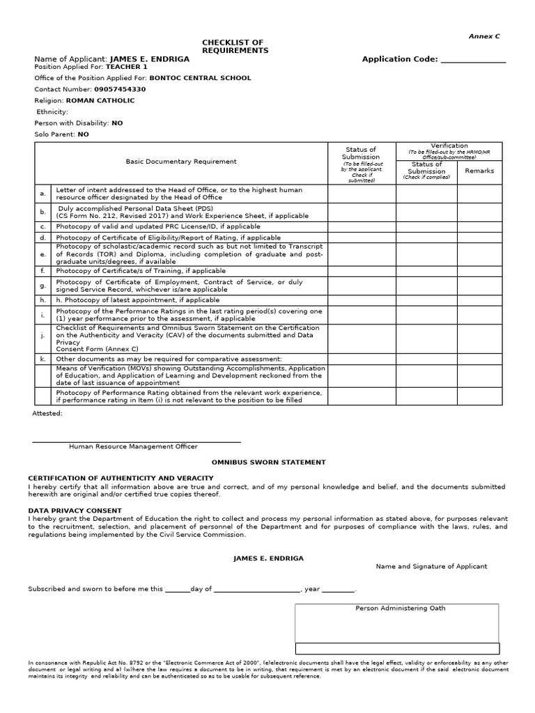 ANNEX C Checklist of Requirements and Omnibus Sworn Statement | PDF