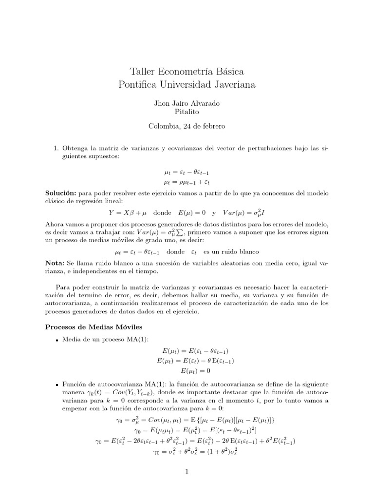 Taller Econometría Básica | PDF | Mínimos cuadrados ordinarios | Estimador