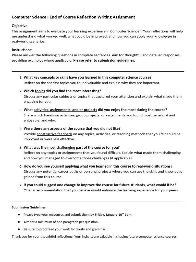 End of Course Reflective Writing Assignment | PDF | Learning | Experience